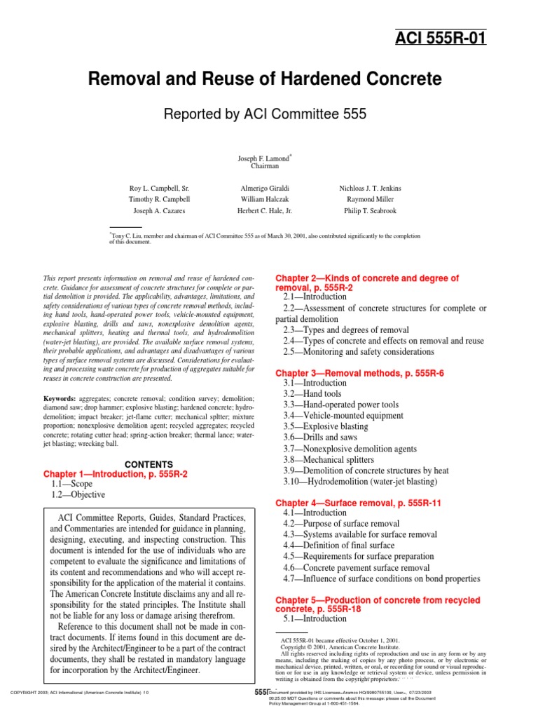 Aci 555R Removal & Reuse of Hardened Concrete | PDF | Prestressed ...