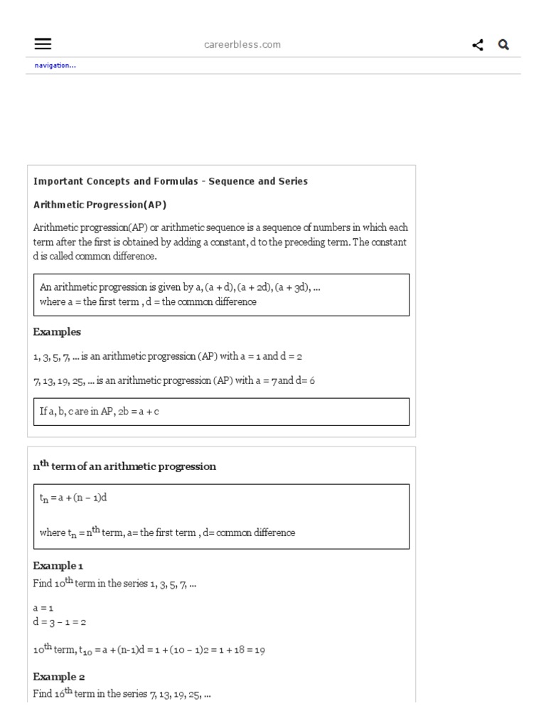 Important Concepts and Formulas - Sequence and Series | PDF | Mean | Mathematical Analysis
