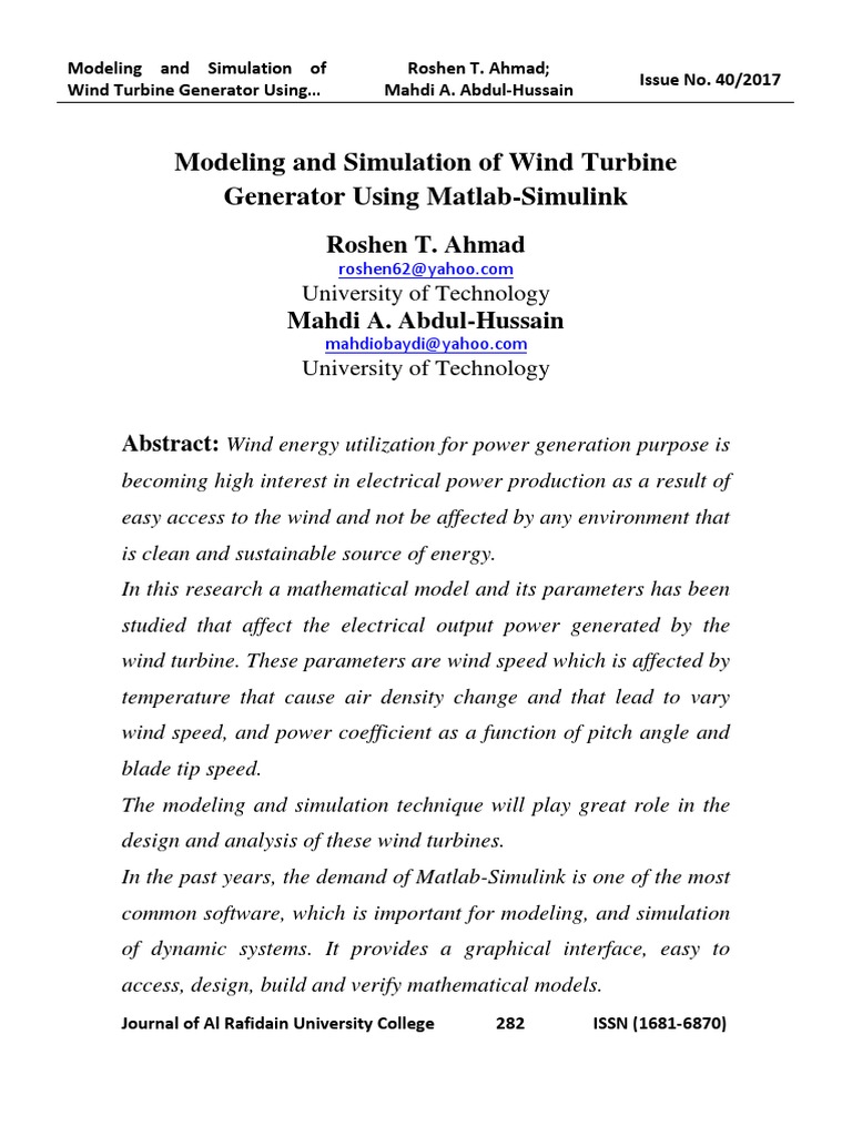 Modeling and Simulation of Wind Turbine Generator Using Matlab-Simulink ...