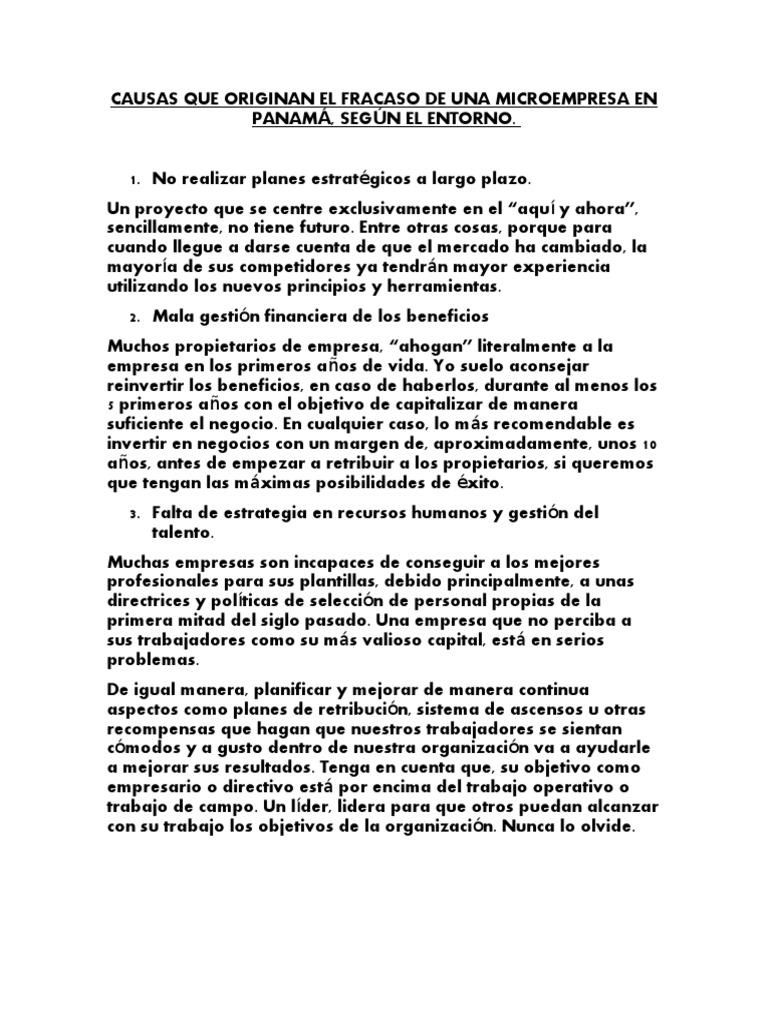 Causas Que Originan El Fracaso de Una Microempresa en Panamá | PDF ...