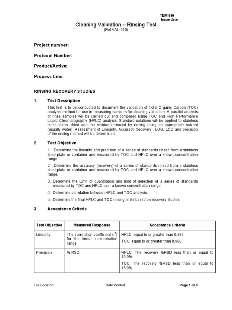 Cleaning Validation Protocol | PDF | Total Organic Carbon | High ...