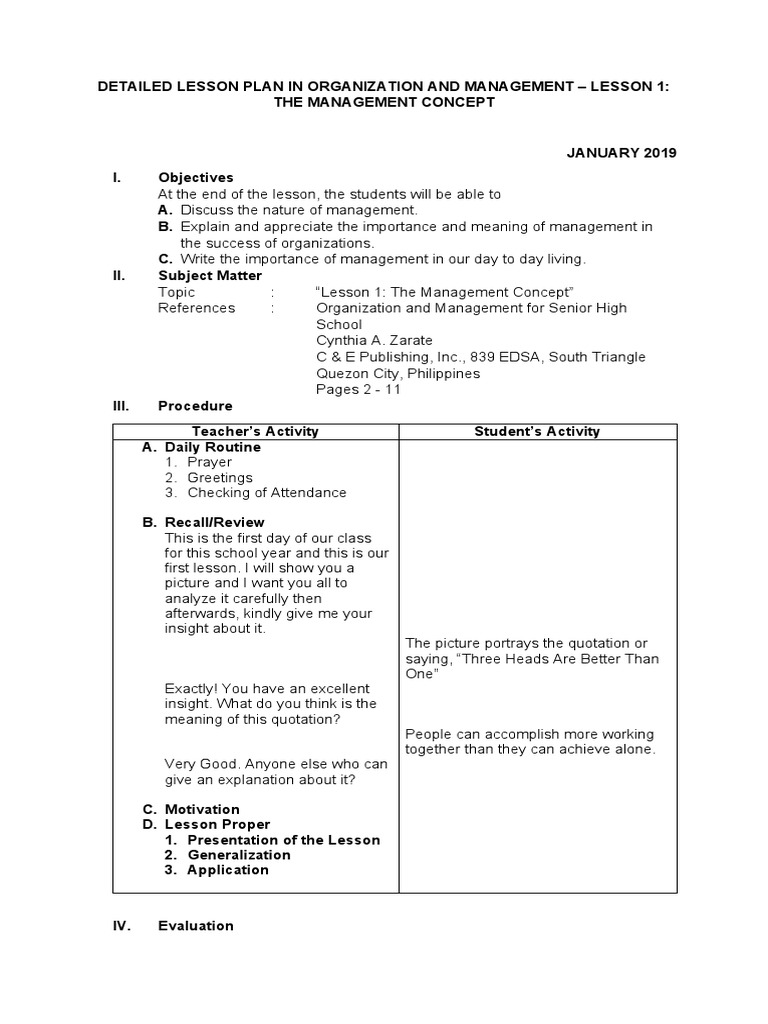 Detailed Lesson Plan in Organization and Management | PDF