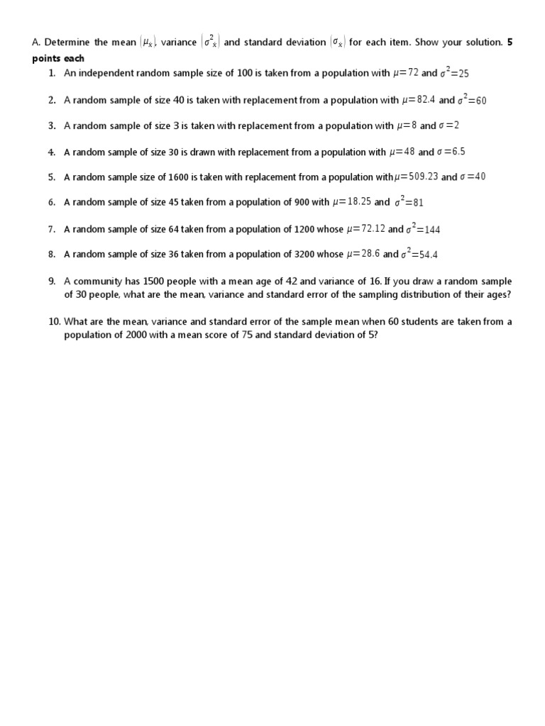 Sampling Distribution and Variance Worksheet | PDF | Standard Deviation ...