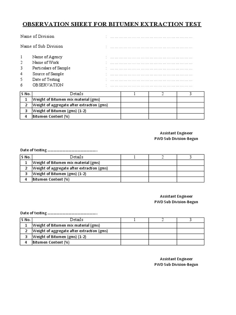 Bitumen Extraction Test Observation Sheet | PDF