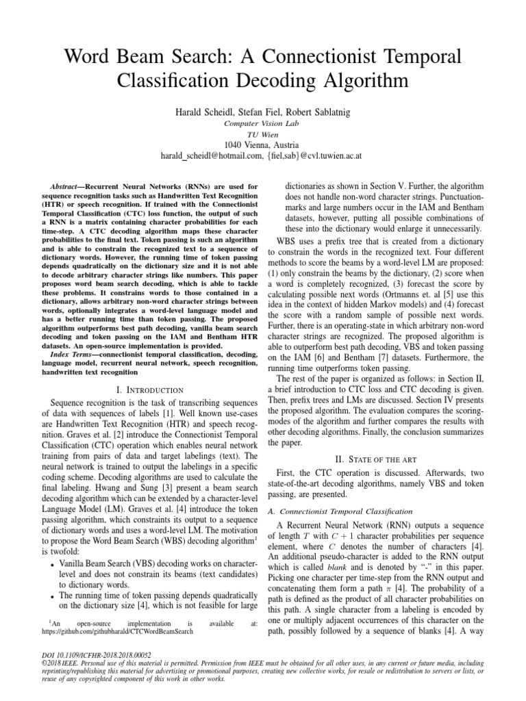 Word Beam Search A Connectionist Temporal Classification Decoding Algorithm | PDF | Speech ...