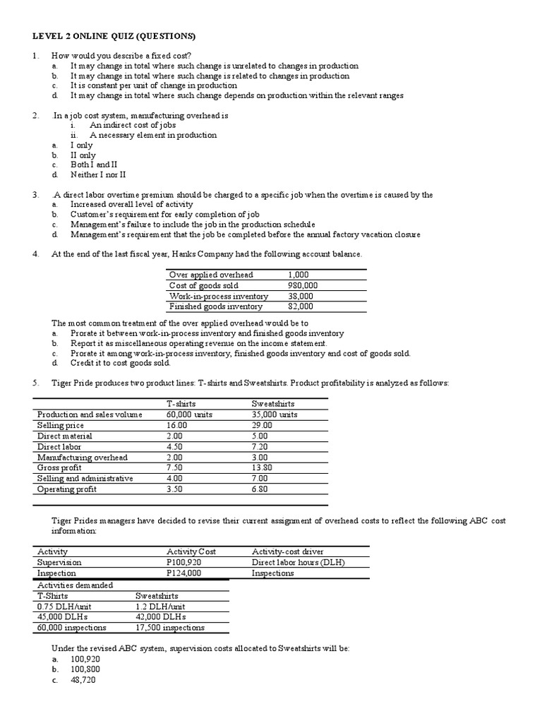 LEVEL 2 Online Quiz - Questions SET A | PDF | Deferral | Debits And Credits