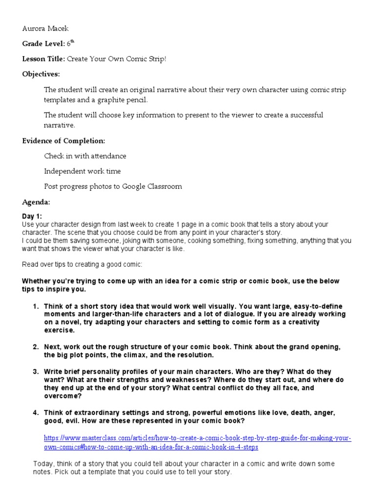 Grade Level: 6 Lesson Title: Create Your Own Comic Strip! Objectives ...