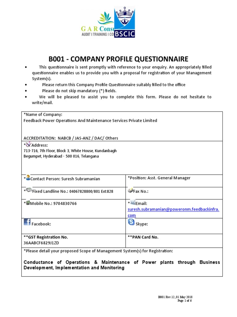 B001 Company Profile Questionnaire R12 0518 | PDF | Internal Audit ...