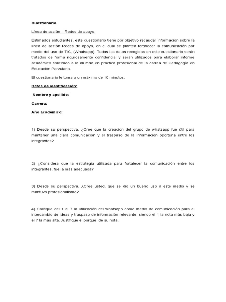 Cuestionario Redes de Apoyo | PDF