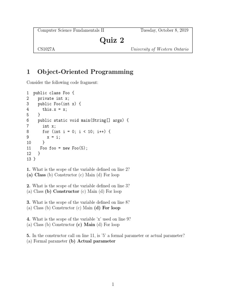 Cs Fundamentals Ii Quiz Object Oriented Programming Memory Inheritance Stacks Pdf