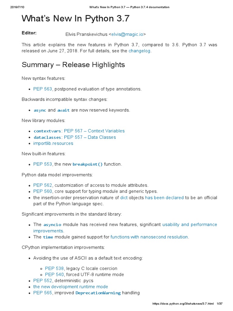 What's New in Python 3.7 - Python 3.7.4 Documentation | PDF | Python (Programming Language ...