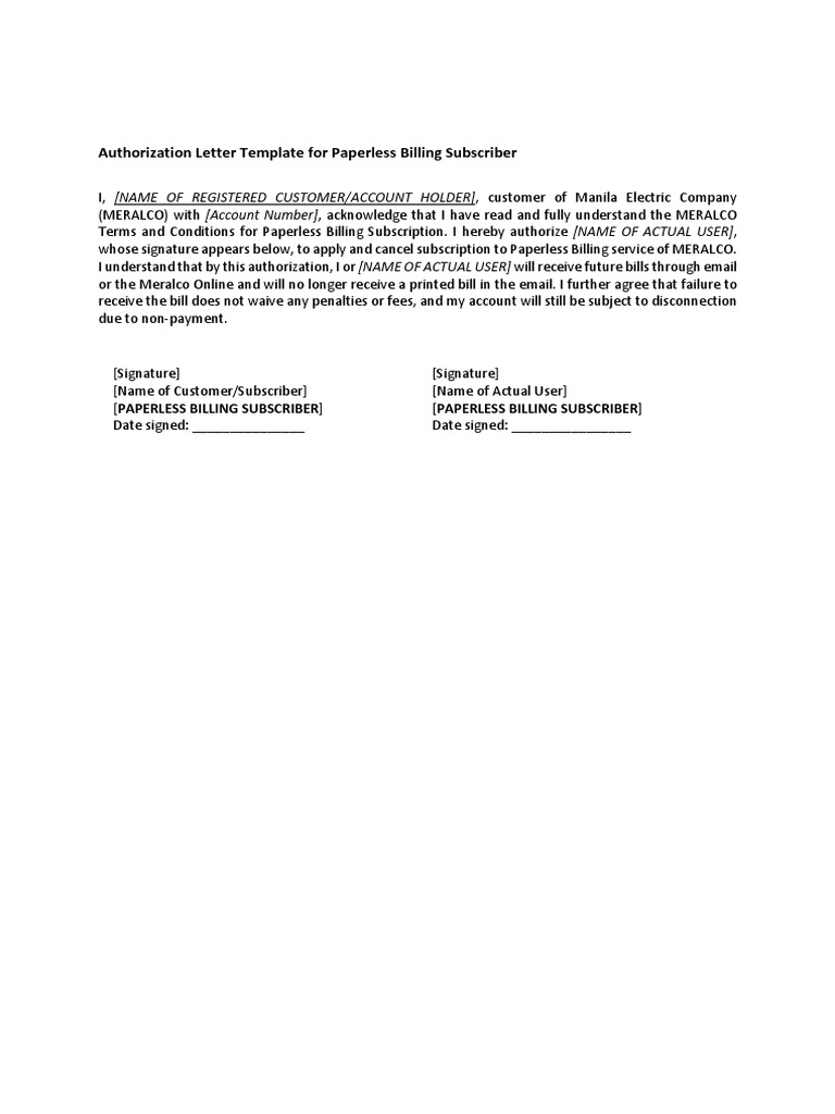 Authorization Letter For Paperless Billing | PDF