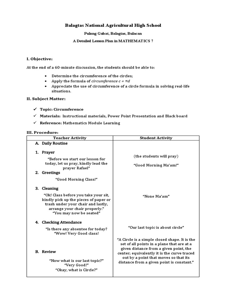 Circumference Detailed Lesson Plan | PDF | Circle | Pi