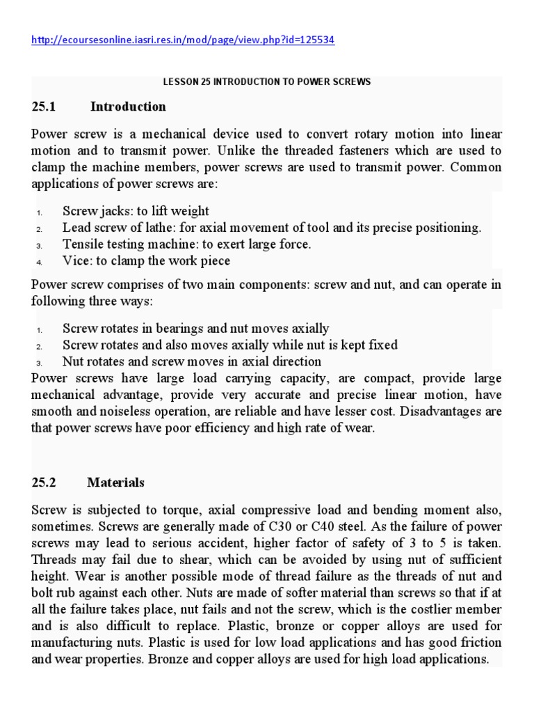 Introduction To Power Screws | PDF | Screw | Nut (Hardware)