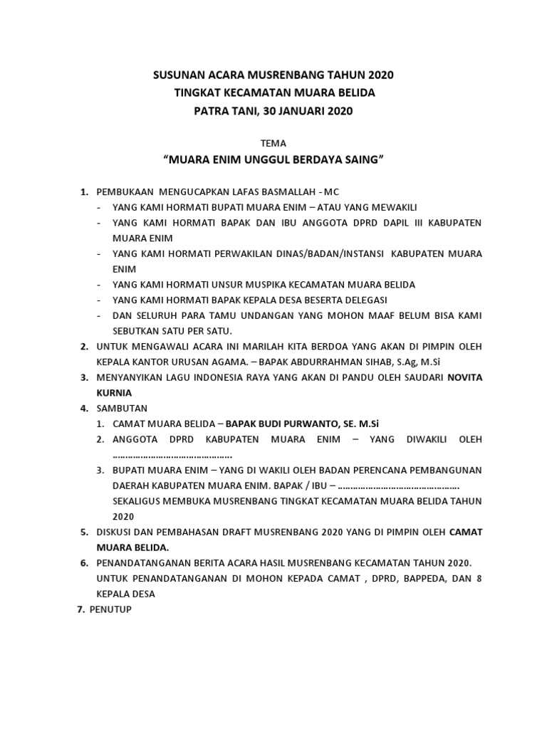 Susunan Acara Musrenbang Tahun 2020 | PDF