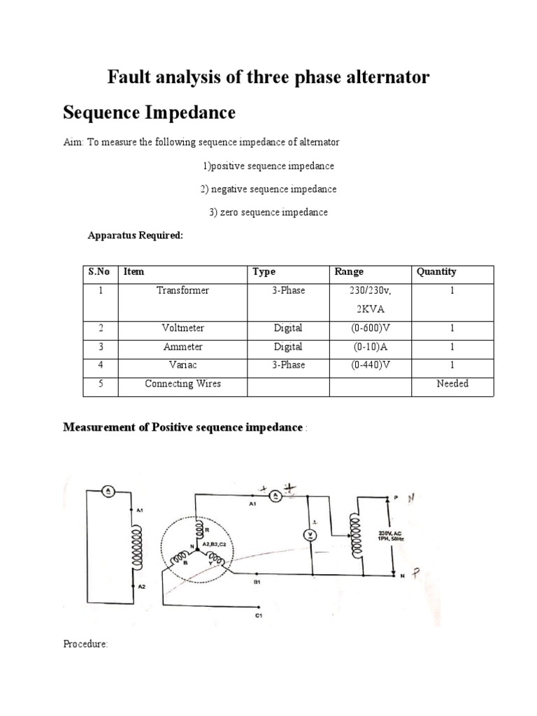 Fault Analysis of Three Phase Alternator Sequence Impedance: Apparatus Required | PDF ...
