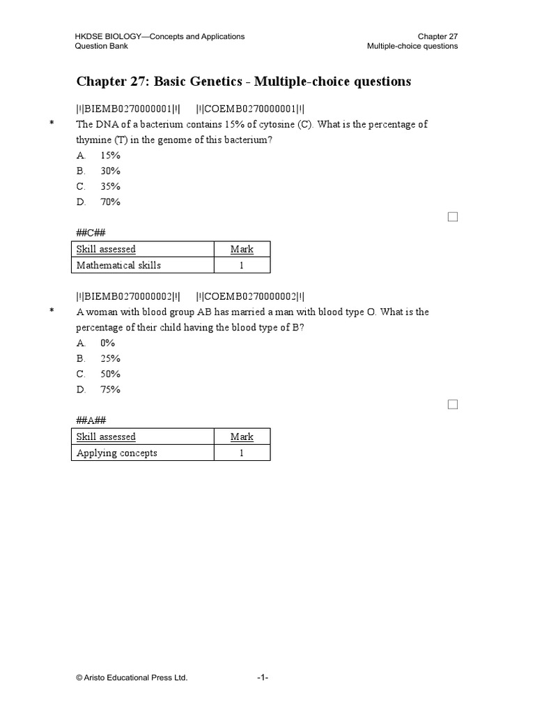 Chapter 27: Basic Genetics - Multiple-Choice Questions | PDF | Dna ...