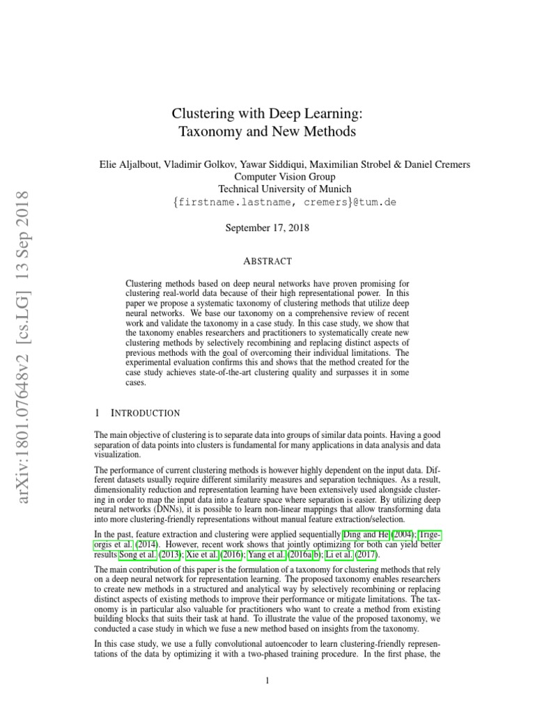 Clustering With Deep Learning: Taxonomy and New Methods | PDF | Cluster Analysis | Artificial ...