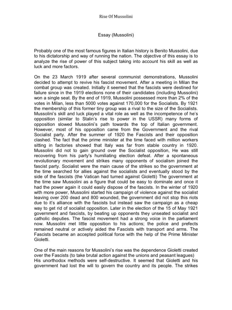 Rise of Mussolini (Essay) | PDF | Benito Mussolini | Fascism