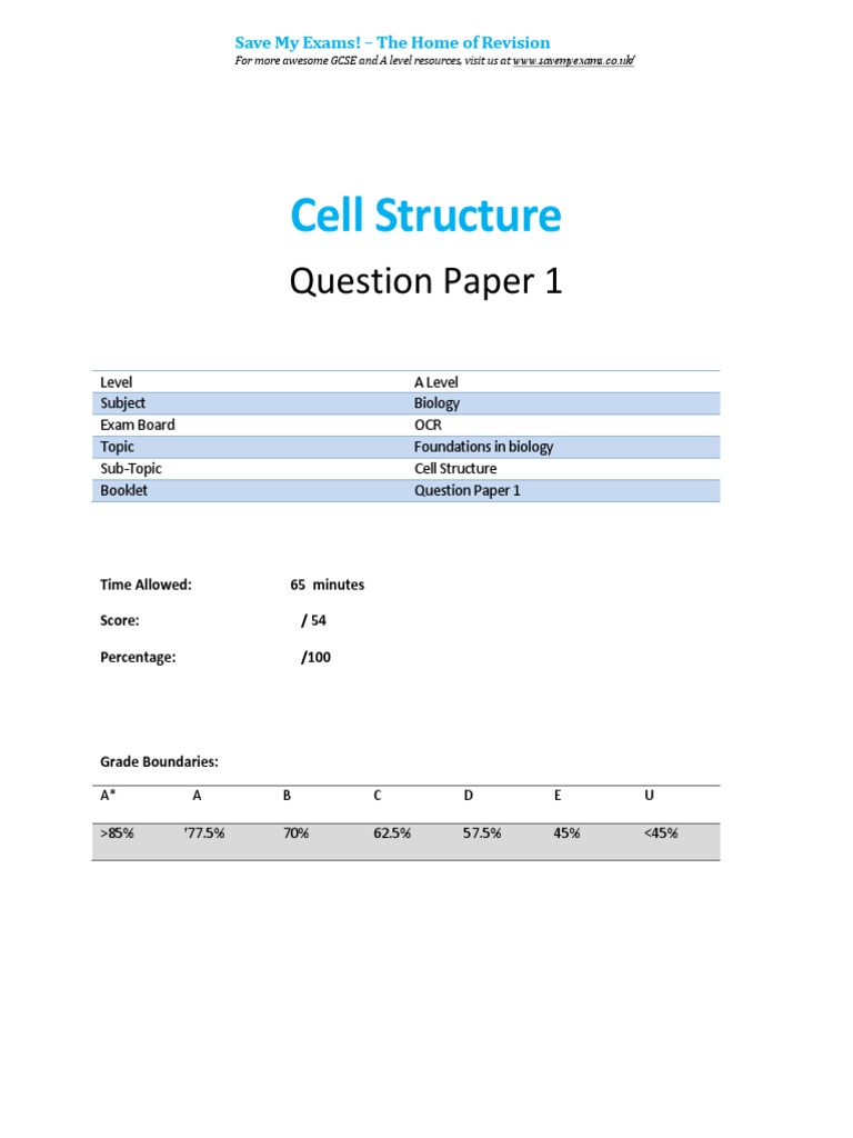 Cell Structure: Question Paper 1 | Download Free PDF | Chloroplast ...