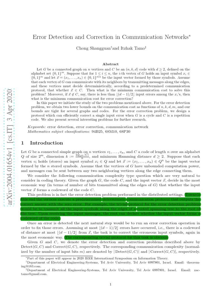 Error Detection and Correction in Communication Networks: M I M 1 N MN ...