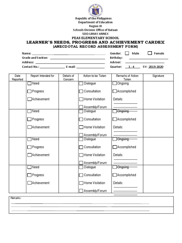 Learner's Needs, Progress and Achievement Cardex (Anecdotal Record ...