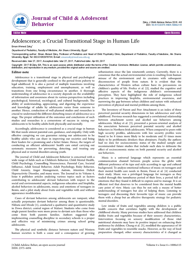 Adolescence A Crucial Transitional Stage in Human Life 2375 4494 ...