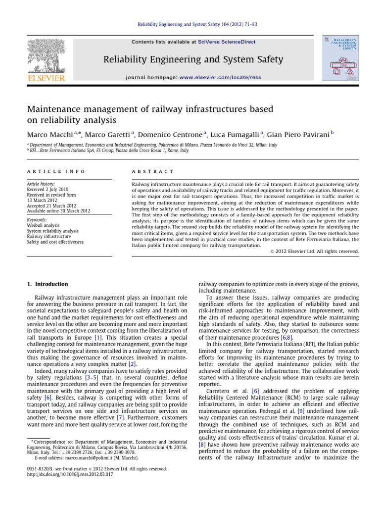 Railway Maintenance via Reliability Analysis | PDF | Reliability ...