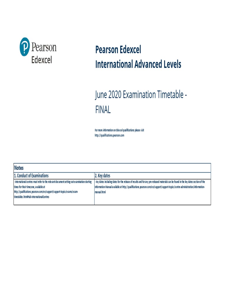 Edexcel International A-Level Exam Timetable | PDF | Gce Advanced Level ...