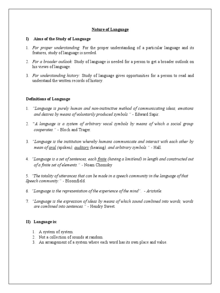 Nature of Language I) Aims of The Study of Language | PDF | Language ...