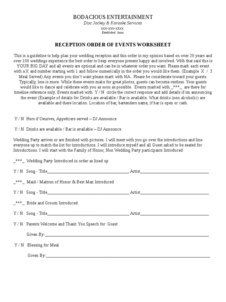 Reception Order of Events Worksheet: Bodacious Entertainment | Download ...