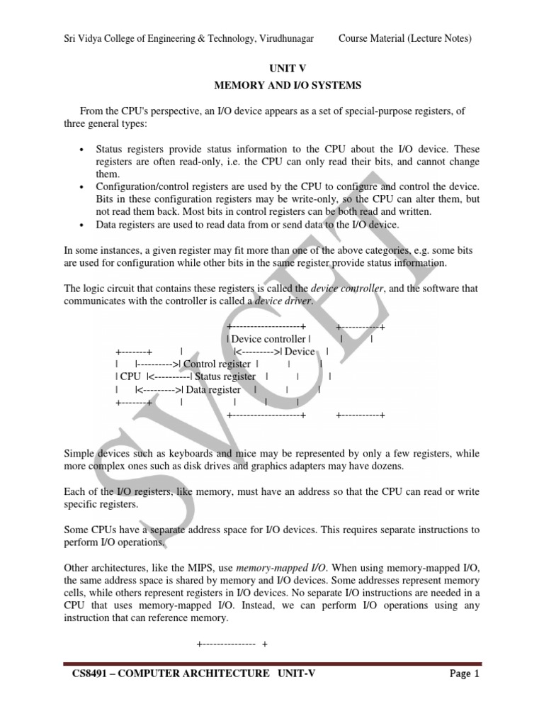 Unit V Memory and I/O Systems: Sri Vidya College of Engineering & Technology, Virudhunagar | PDF ...