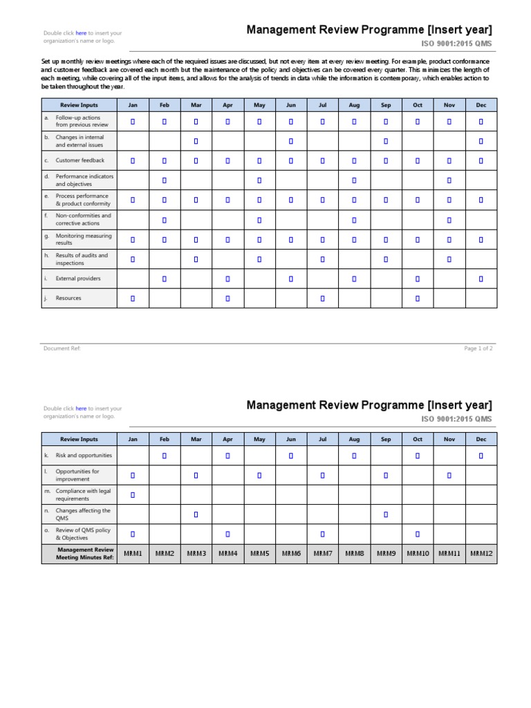 Management Review Programme (Insert Year) : ISO 9001:2015 QMS | PDF ...