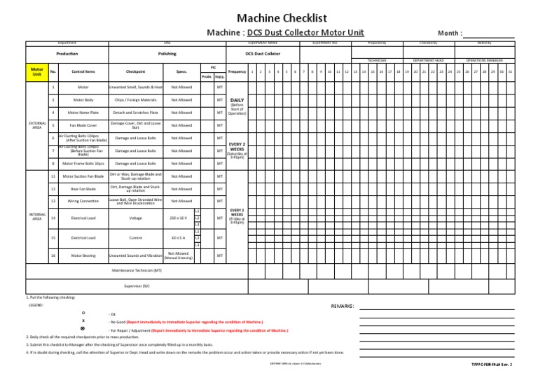 Machine Checklist: Machine: DCS Dust Collector Motor Unit | PDF ...