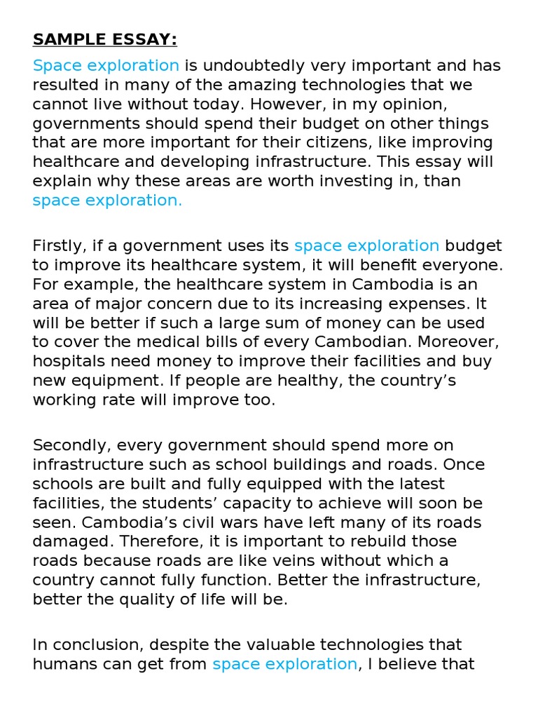 Space Exploration: Sample Essay | PDF | Infrastructure | Cambodia