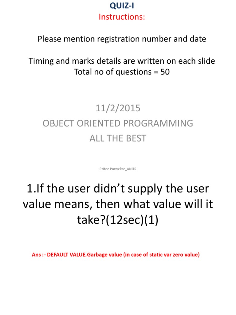 Quiz-I Oops Ans | PDF | Constructor (Object Oriented Programming) | Programming