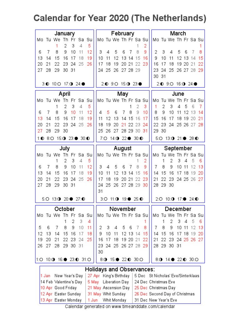 2020 Netherlands Calendar with Holidays | PDF | Christmas | Easter