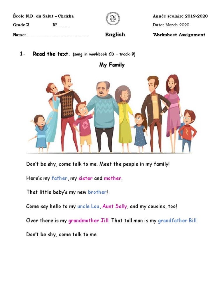 English 1-Read The Text. My Family: 2 Worksheet Assignment | PDF ...