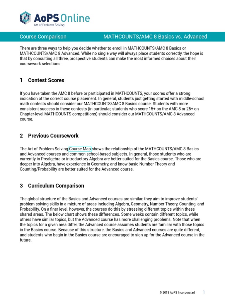 Course Comparison MATHCOUNTS/AMC 8 Basics vs. Advanced: 1 Contest ...