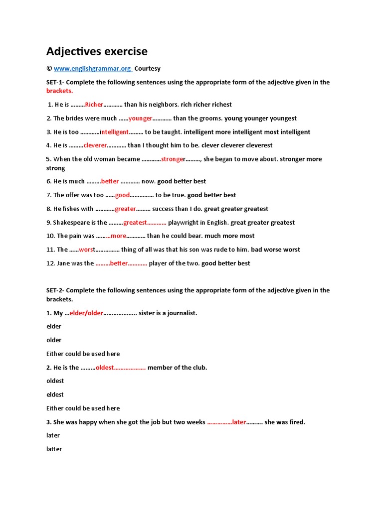 Adjective Exercises | PDF
