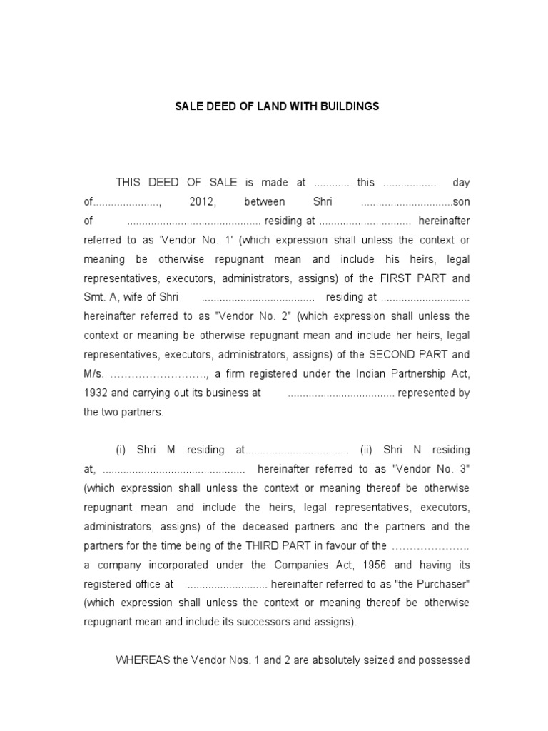 Sale Deed of Land With Buildings | PDF | Covenant (Law) | Deed