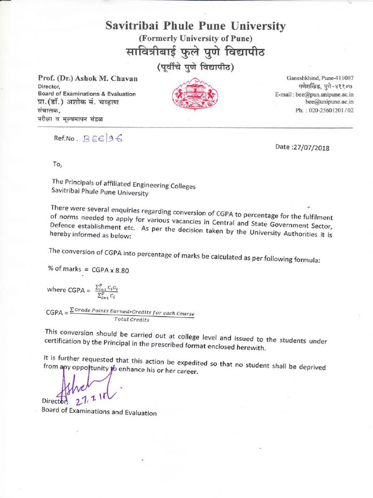 CGPA To Percentage Converstion FormulaSSPU PDF | PDF | Academia ...