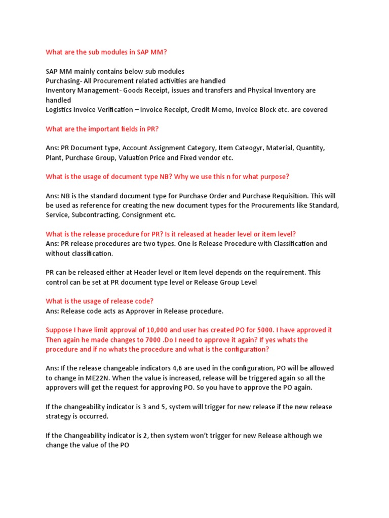 SAP MM Real Time Interview Questions | PDF | Xml Schema | Receipt