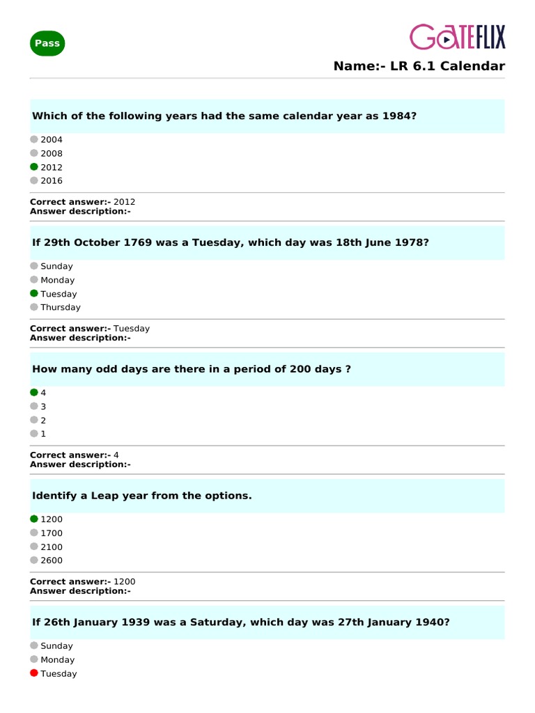 Name:-LR 6.1 Calendar: Correct Answer: - 2012 Answer Description | PDF