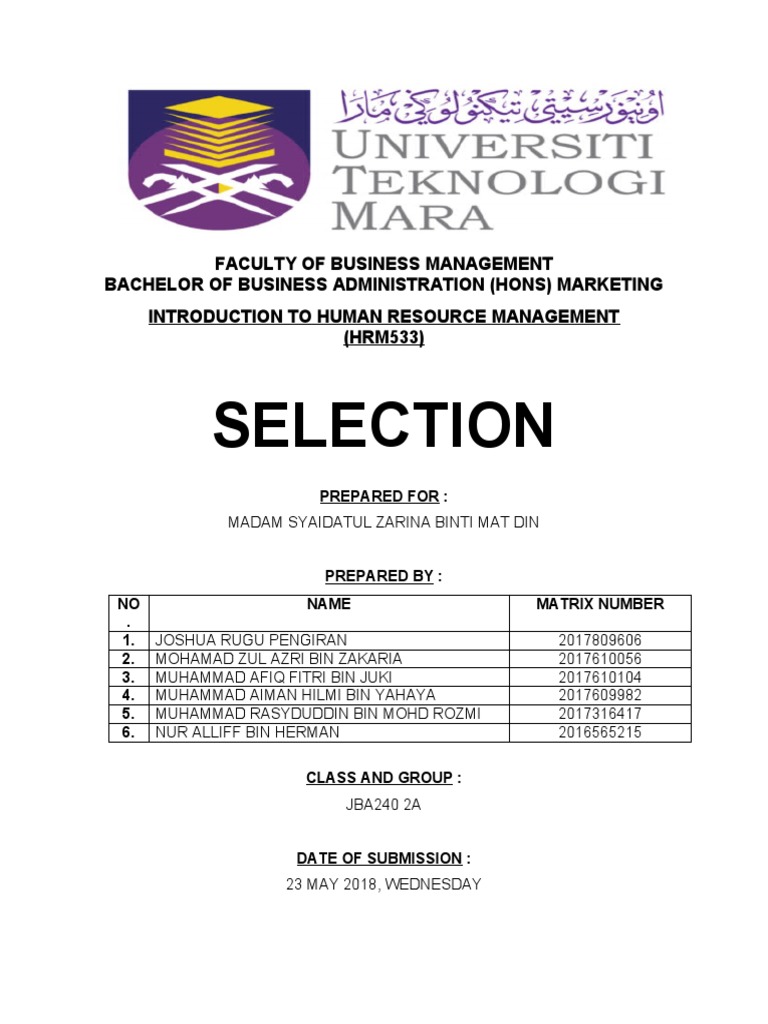 HRM533 Selection Report for BBA Marketing | PDF