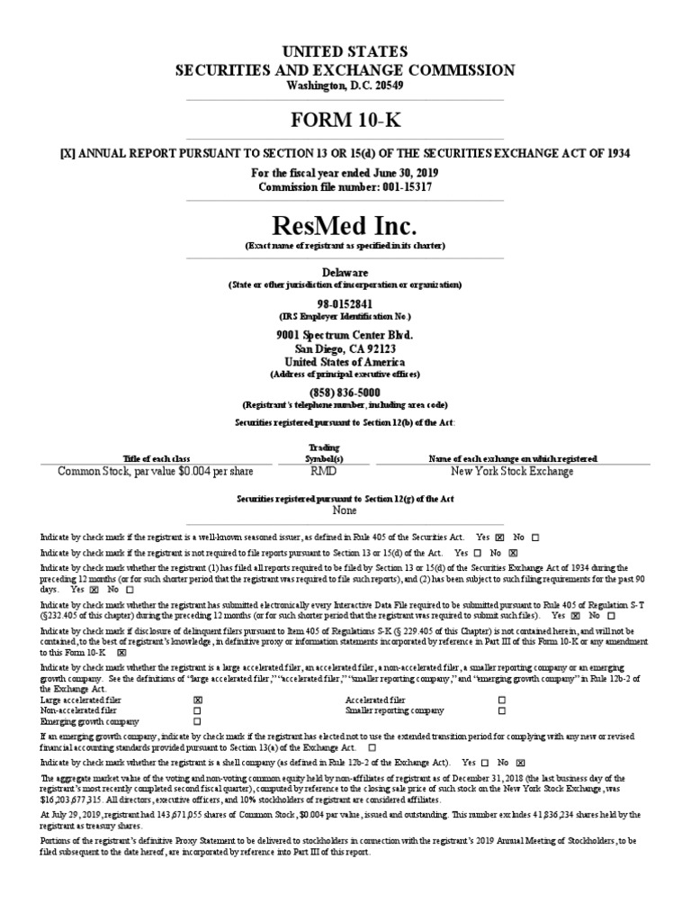 ResMed Form 10 K June 2019 As Filed - 08082019 PDF | PDF | Chronic ...