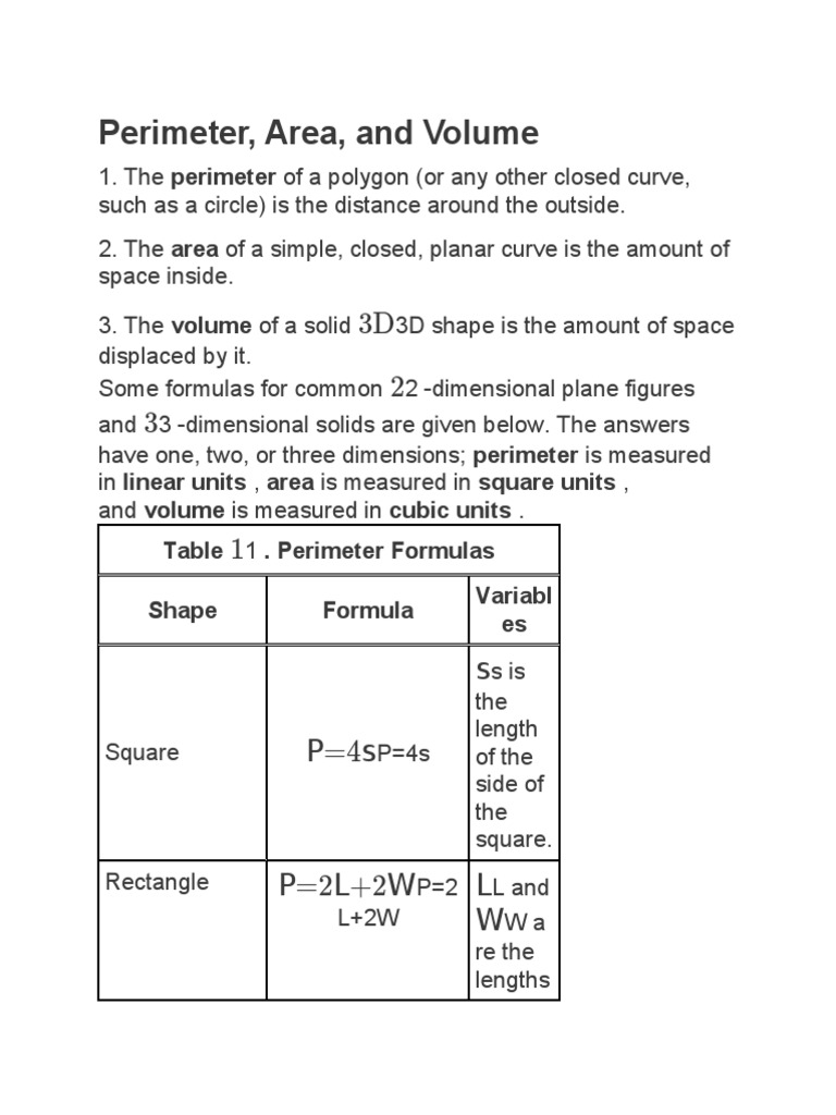 Perimeter Area and Volume | PDF | Area | Physical Quantities