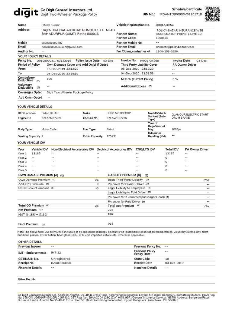 Digit Two-Wheeler Package Policy: Go Digit General Insurance LTD | PDF ...