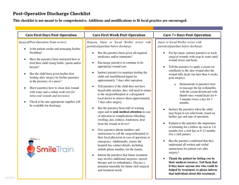 Post-Operative Discharge Checklist | PDF | Surgery | Medicine