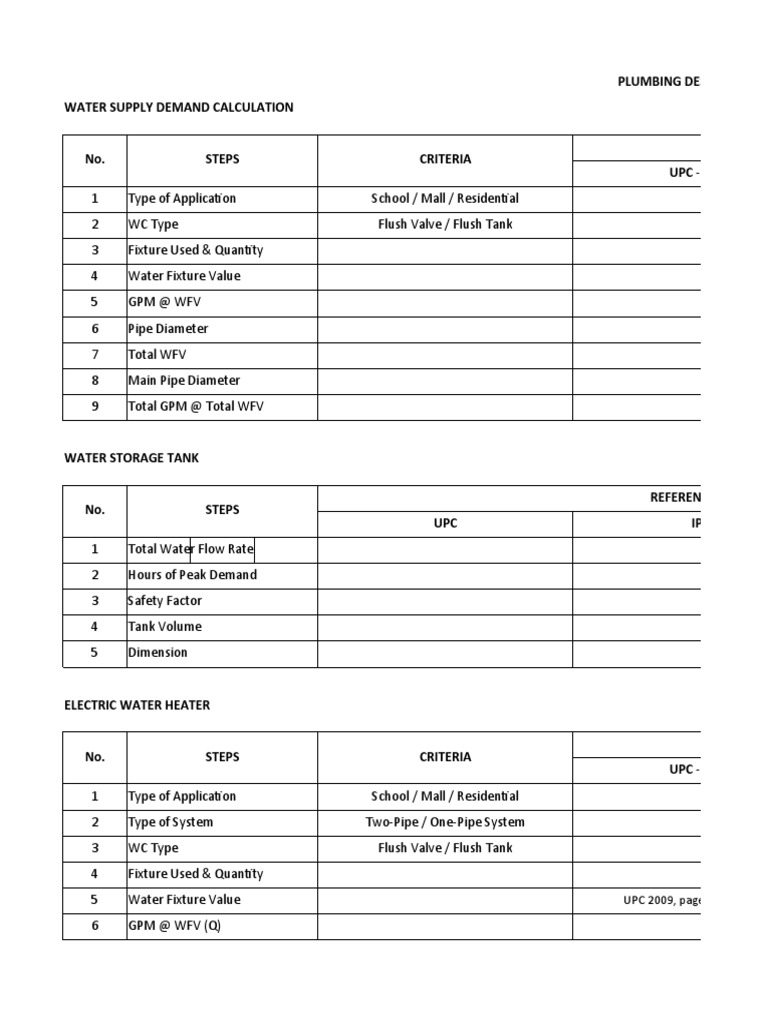 Plumbing Design Criteria Water Supply Demand Calculation Reference Code ...